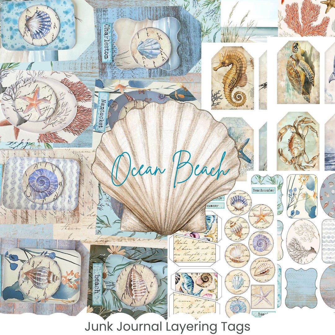 Ocean Collage Tags Printable Beach Layered Tags Digital Junk Journal ...