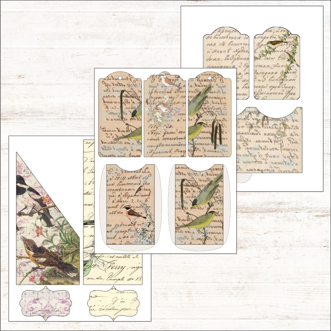 Bird Junk Journal Kit Vintage Bird & Script Pockets Tags Envelopes ...