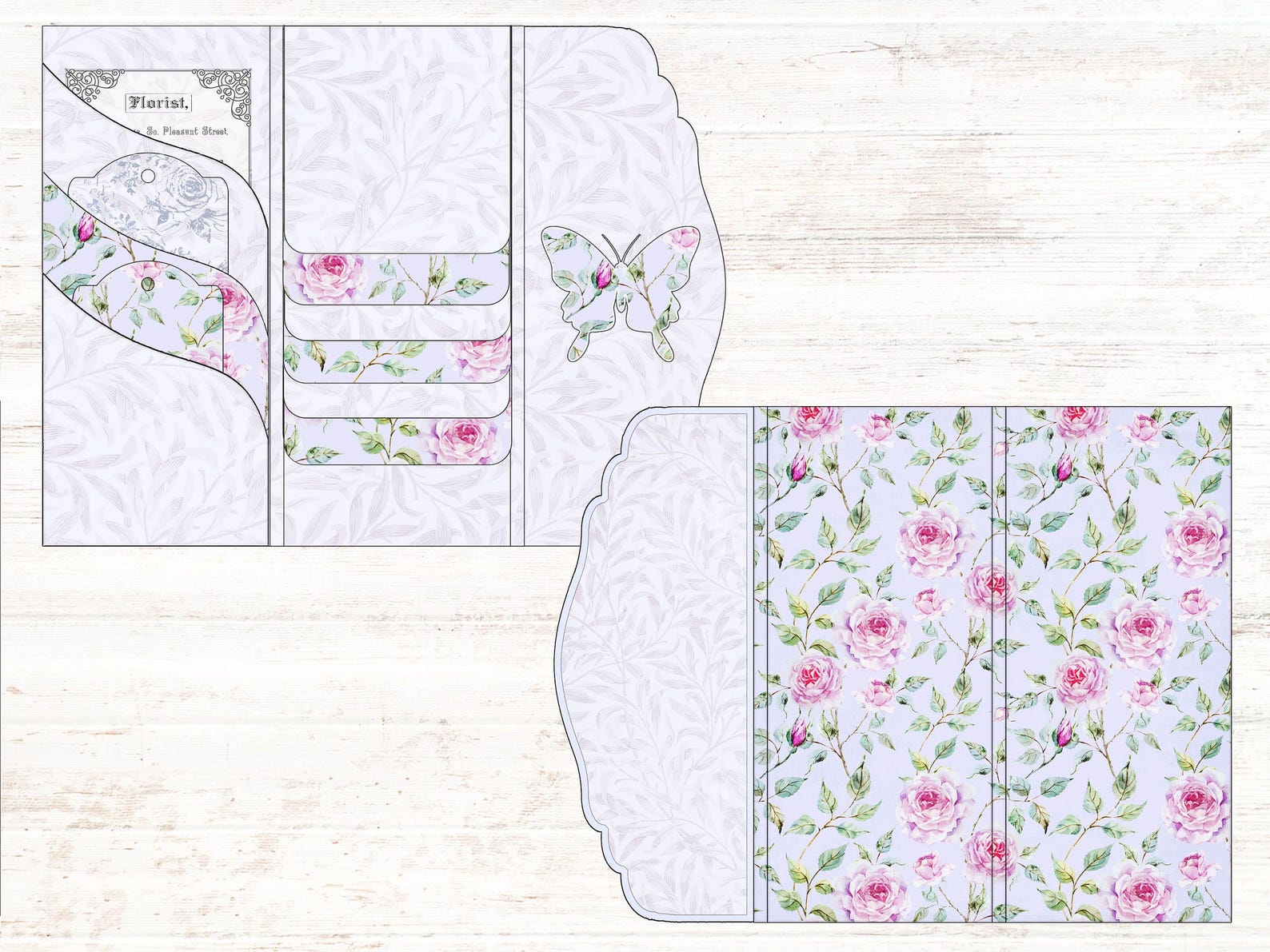 Blue Floral Trifold Tall Folio Vintage Pretty Roses Waterfall Tab Flip ...