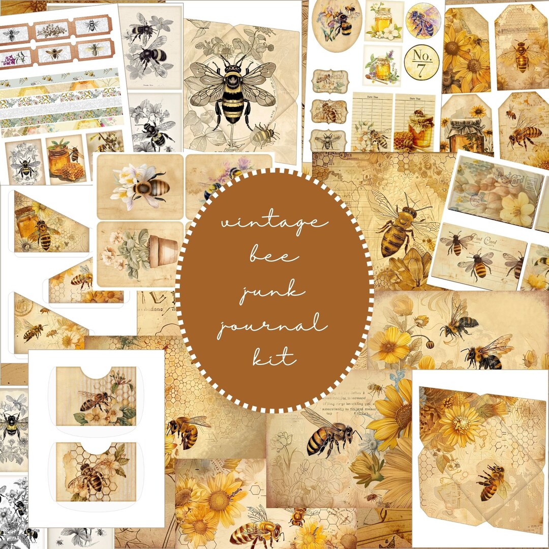 Bee Junk Journal Kit - Shabby Vintage Bee Papers Pockets Tags Ephemera ...