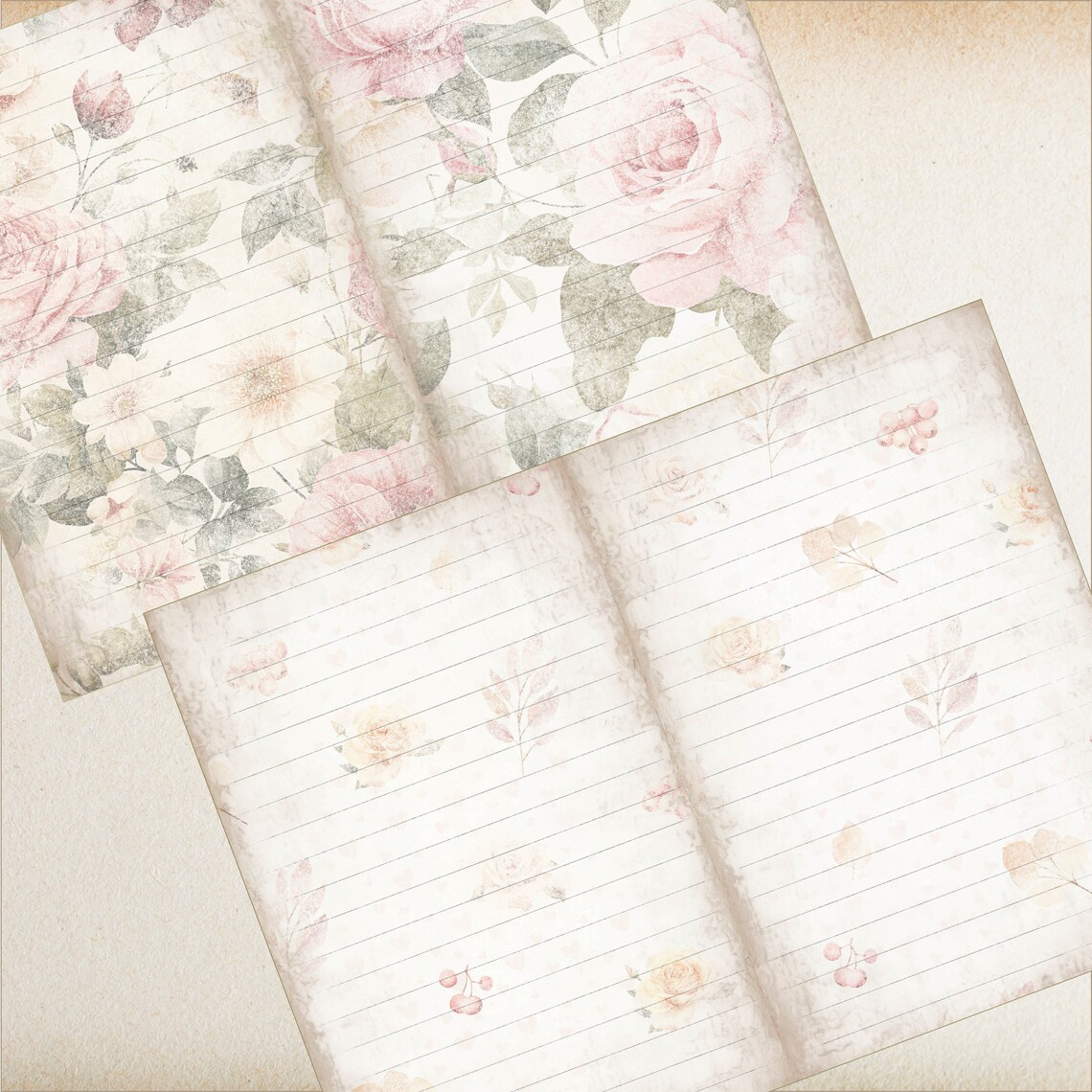 Rose Junk Journal Vintage Lined Paper, Floral Shabby Chic Junk Journal ...
