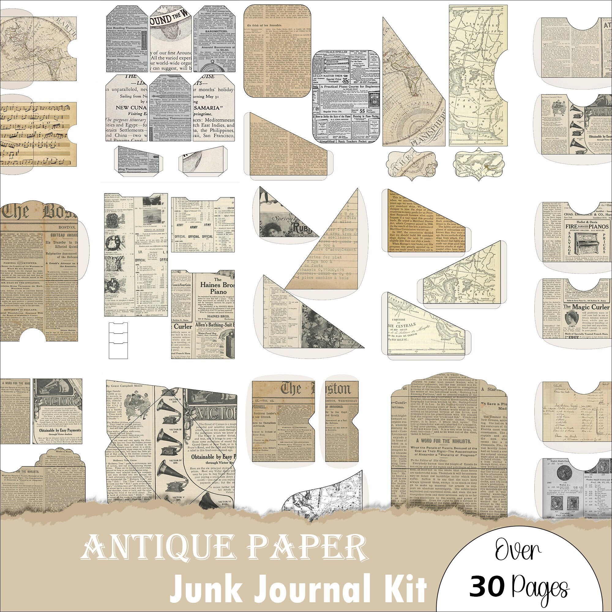 Vintage Newspaper Junk Journal Kit Antique Papers, Newsprint & Maps ...