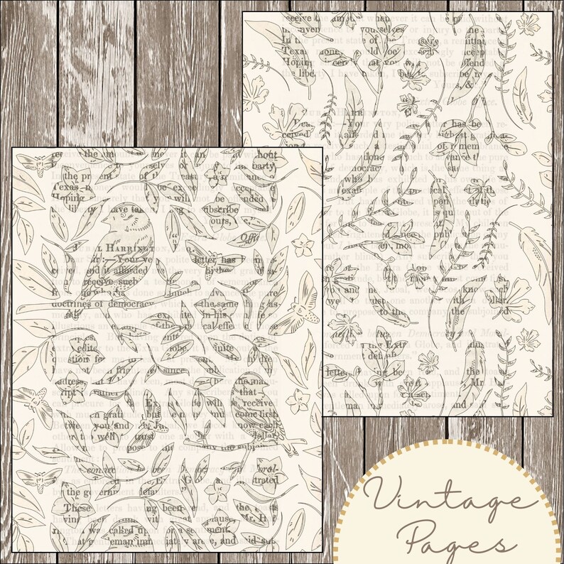 Vintage Text Junk Journal Pages Bird Butterfly and Feather Nature ...