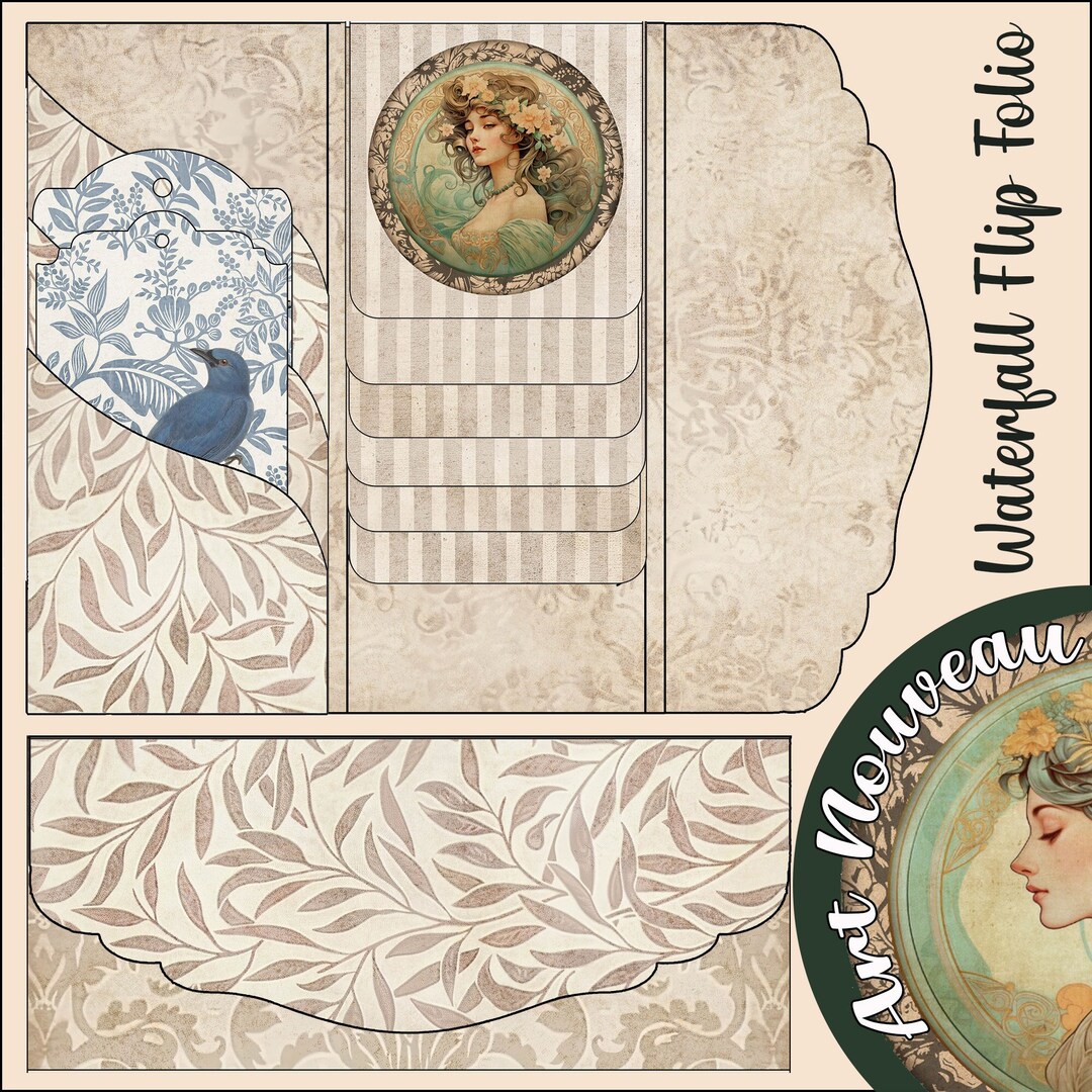 Waterfall Folio Neutral Junk Journal Kit Tall Trifold Art Nouveau Junk ...