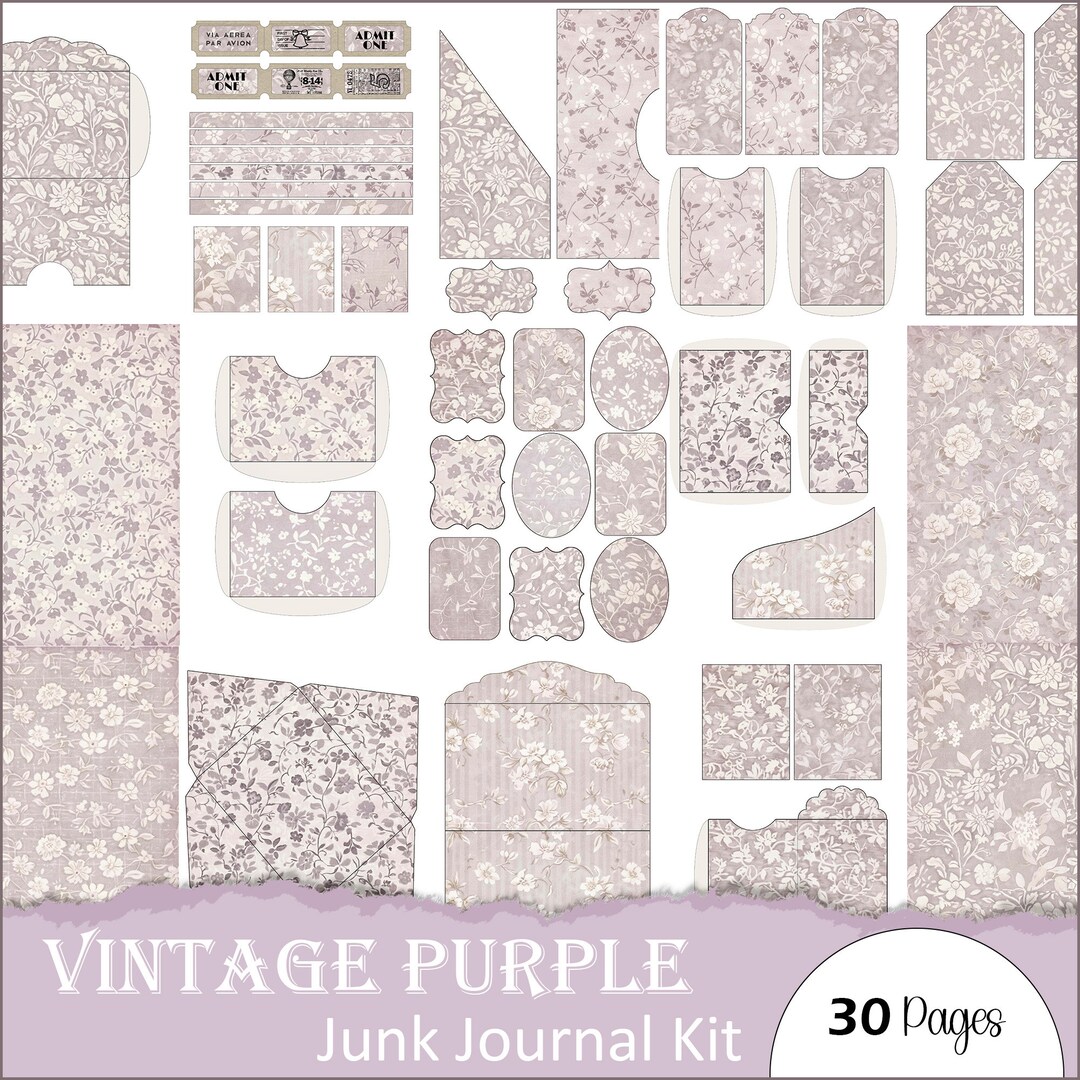 Purple Junk Journal Embellishment Kit Pockets Envelopes Tags Floral ...