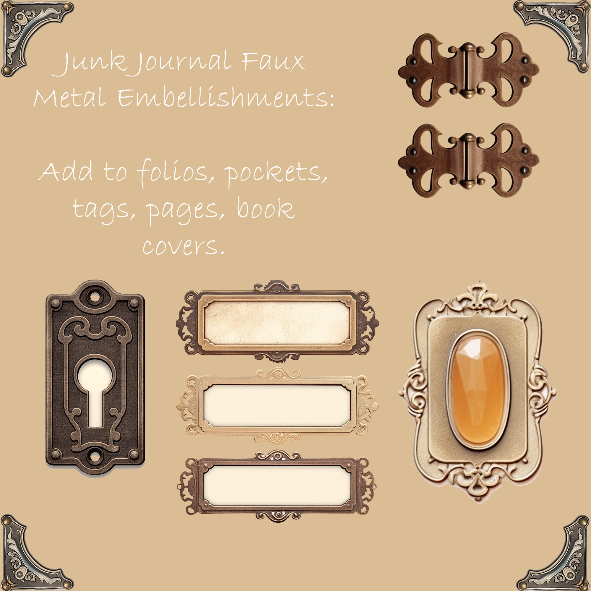 Junk Journal Faux Hardware Kit: Hinges, Bookplates, Nameplates, Keyhole ...