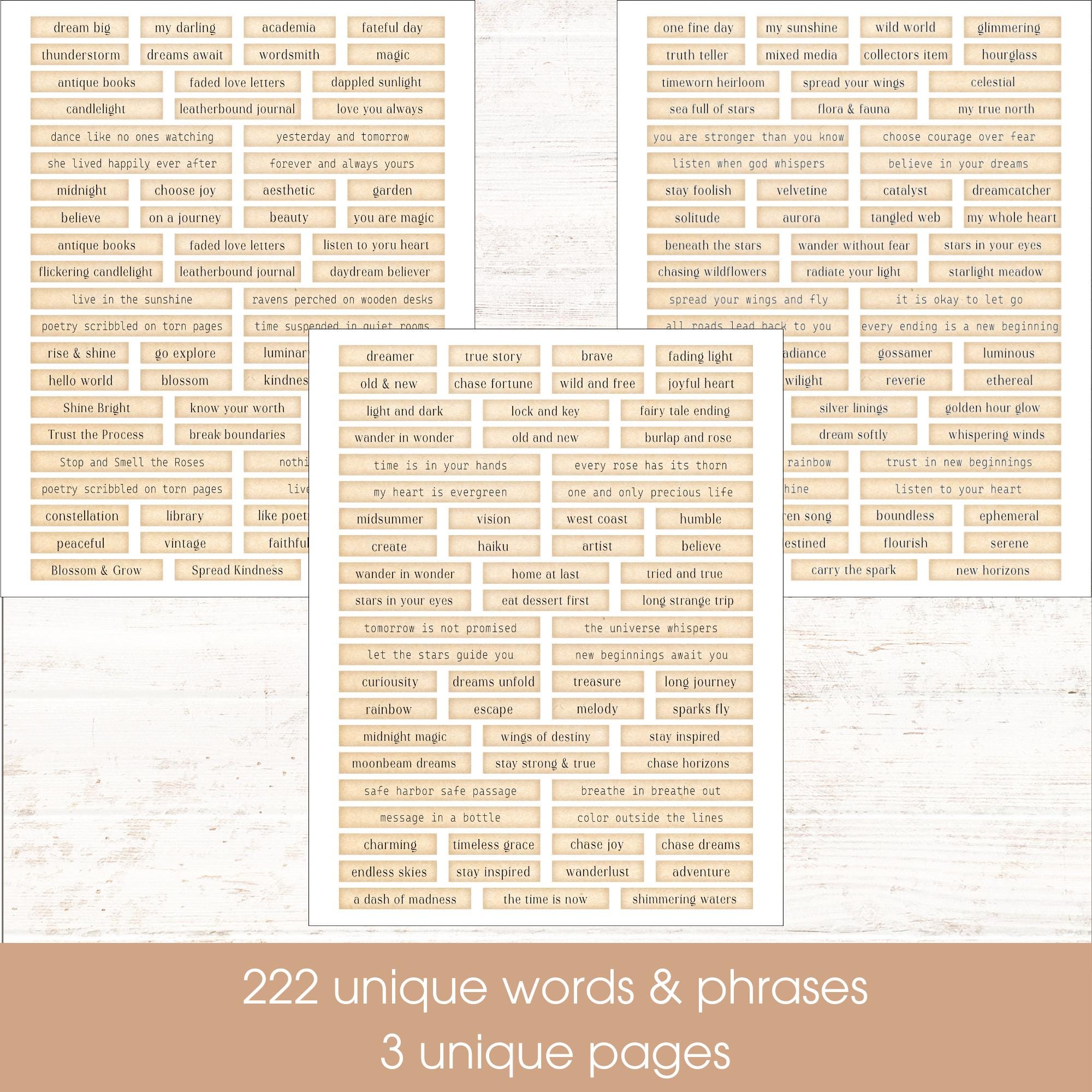 Neutral Junk Journal Word Strips Typewriter Font Quotes Sentiments Word ...