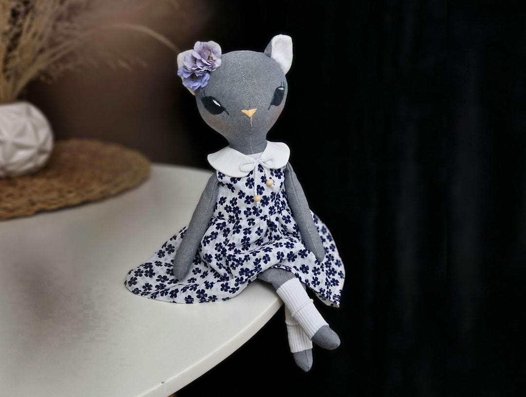 Handmade Cotton Cat Doll, Floral Dress, Children's Decor (40cm) - Etsy