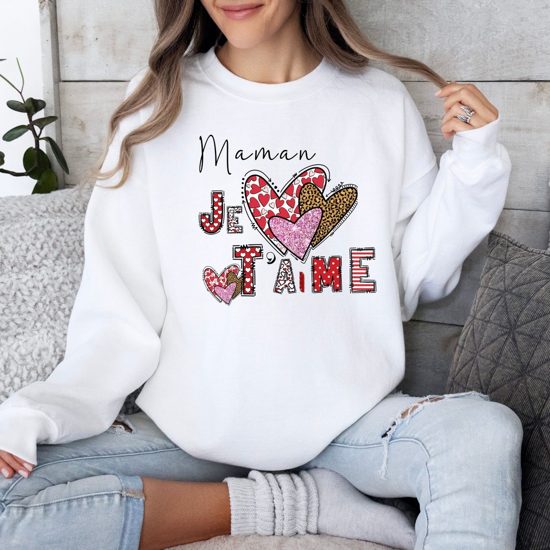 Retro Maman Je T'aime Sweatshirt, Mama Heart Letter Patches Sweatshirt ...