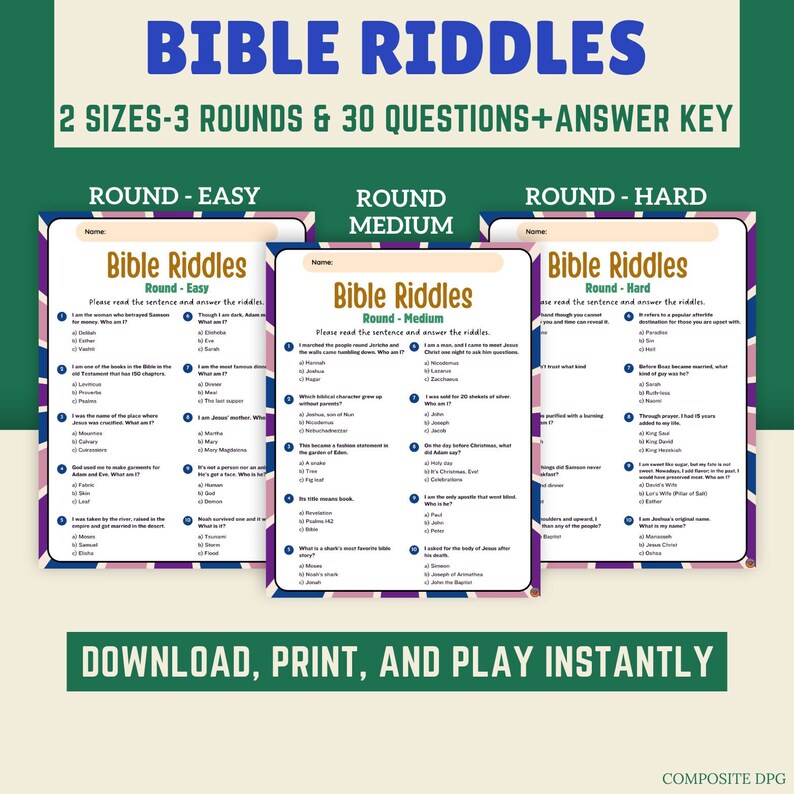 Bible Riddles Game Printable I Total 3 Rounds Easy Medium Hard I Bible ...