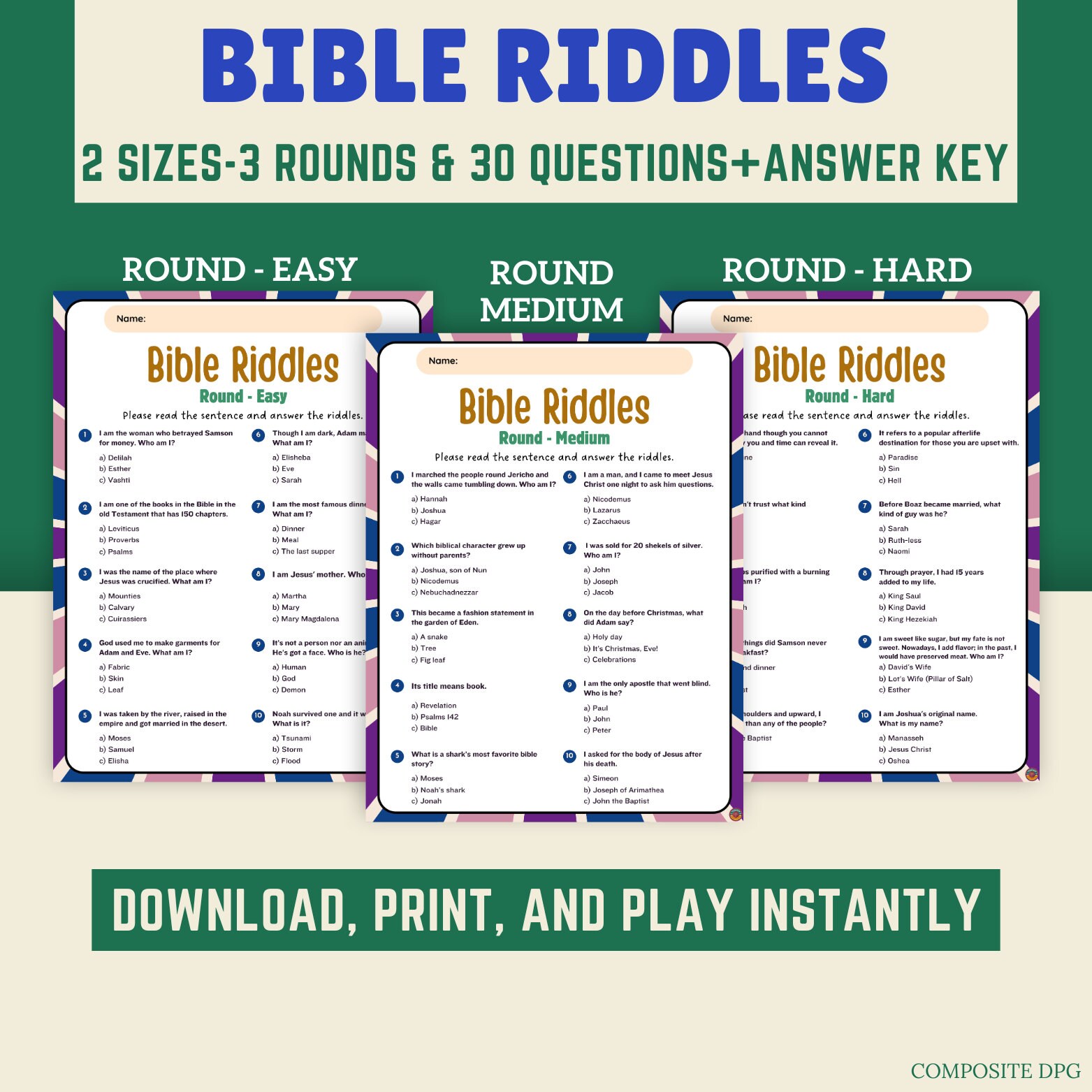 Bible Riddles Game Printable I Total 3 Rounds Easy Medium Hard I Bible ...