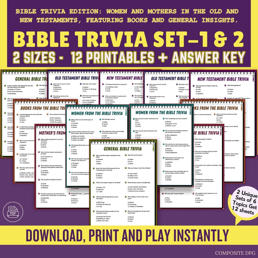Bible Trivia Game Pack Set-1 & 2 12 Printables Bible Study Quiz, Church ...