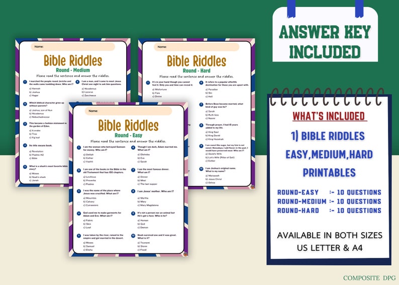 Bible Riddles Game Printable I Total 3 Rounds Easy Medium Hard I Bible ...