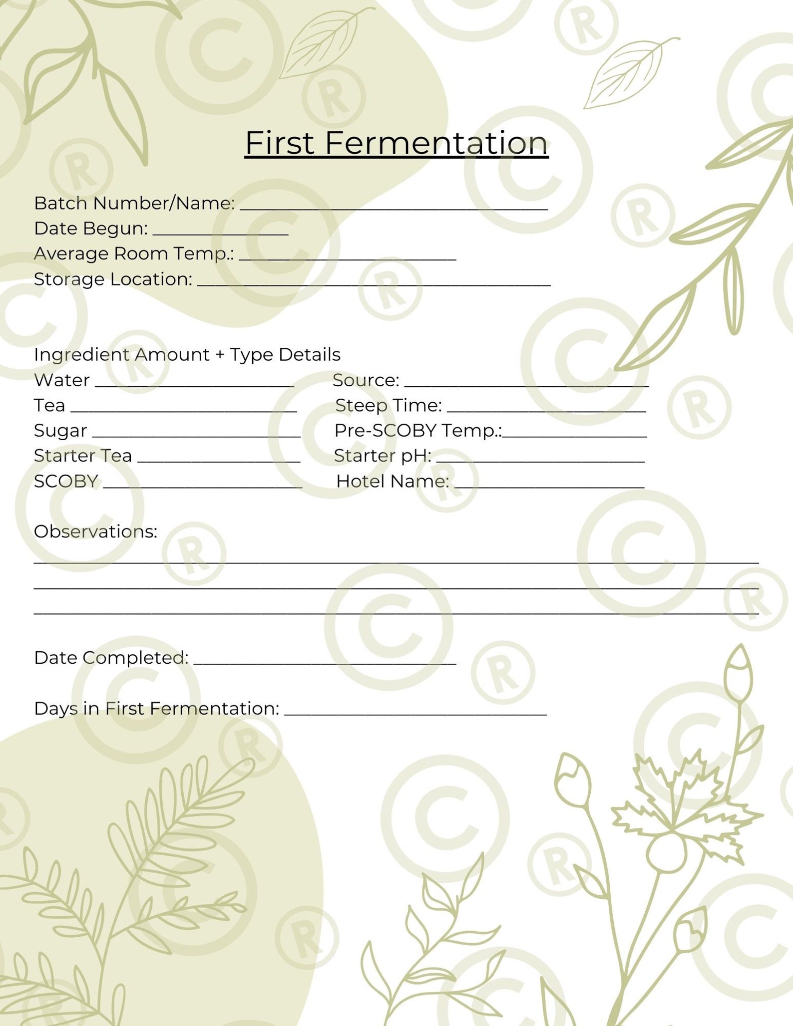 Kombucha Brewer's Log Printable Kombucha Fermentation Tracker Homebrew ...
