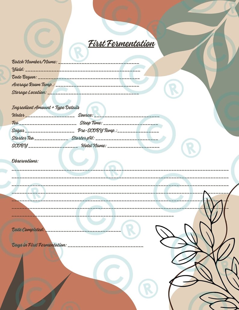 Printable Kombucha Brewer's Log Detailed Kombucha Journal Fermentation ...