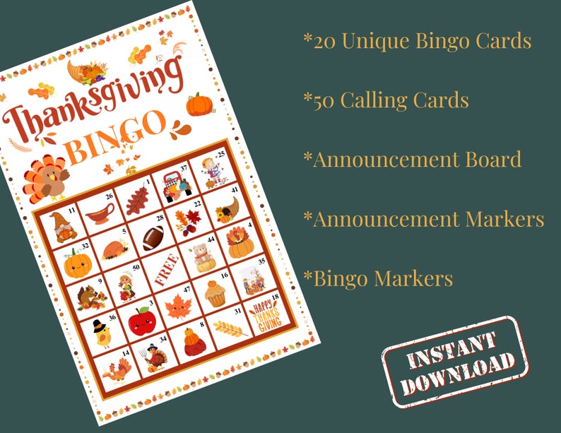 Printable Thanksgiving Bingo, Instant Download Bingo Game, Thanksgiving ...