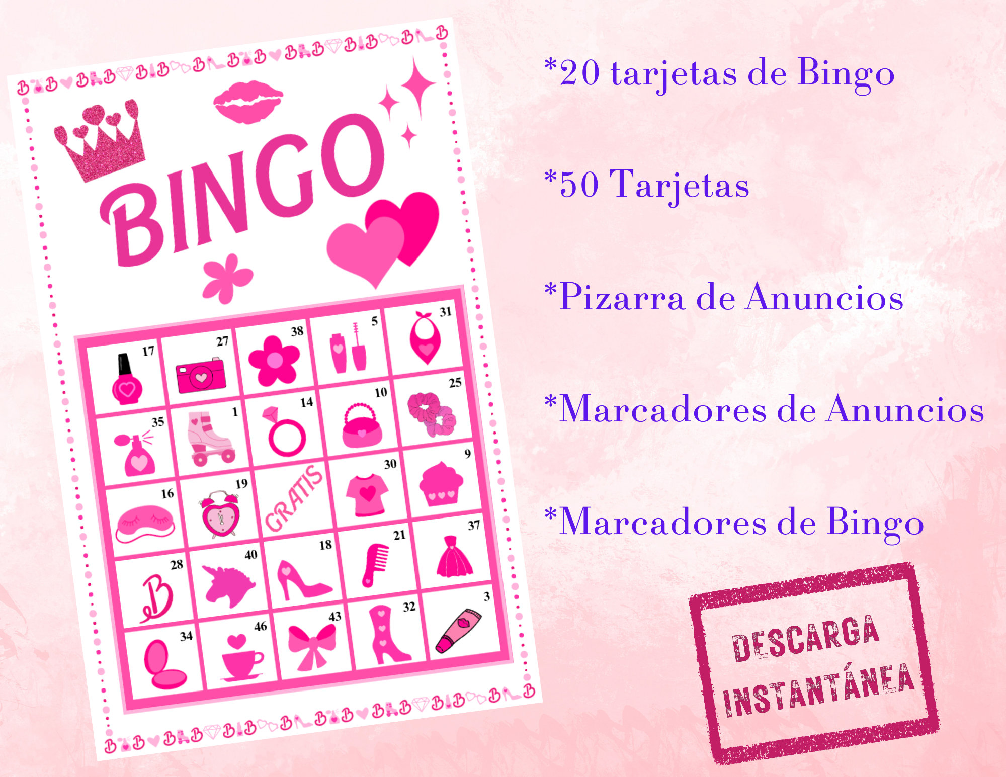 Bingo Princesa, Bingo De Descarga Instantánea, Cartas De Bingo Barbie ...