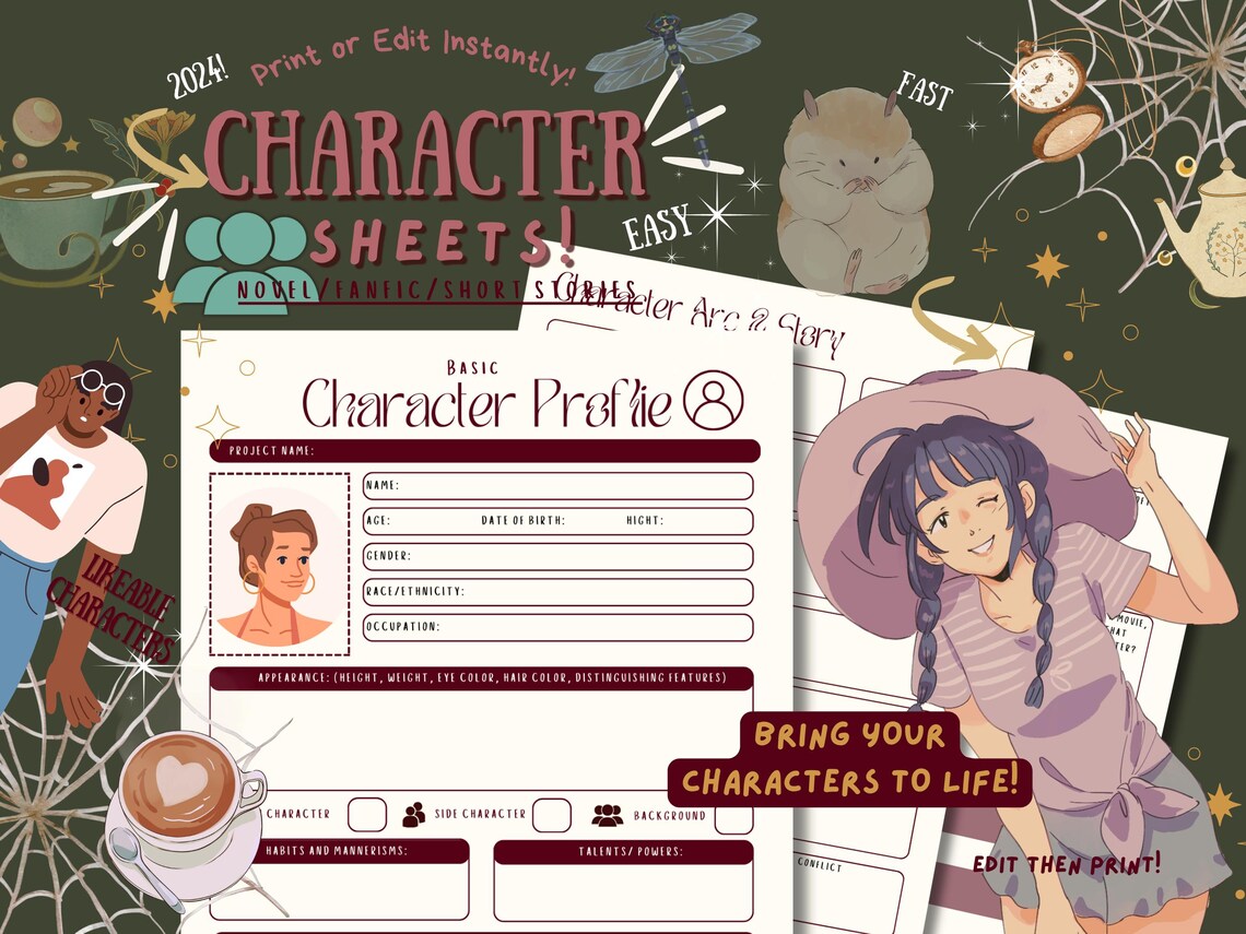 Character Profile Worksheets Template for Writers Printable and Digital ...