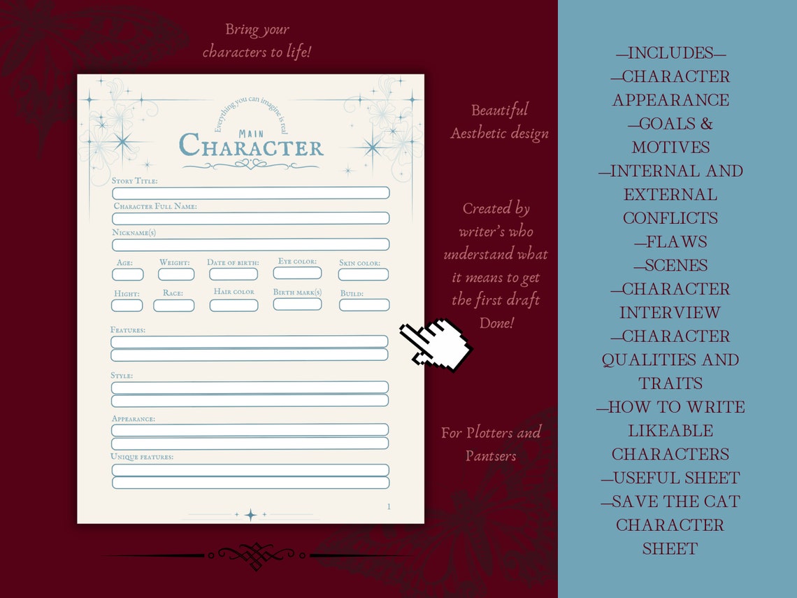 Main Character Worksheets Character Workbook, Digital or Printable ...