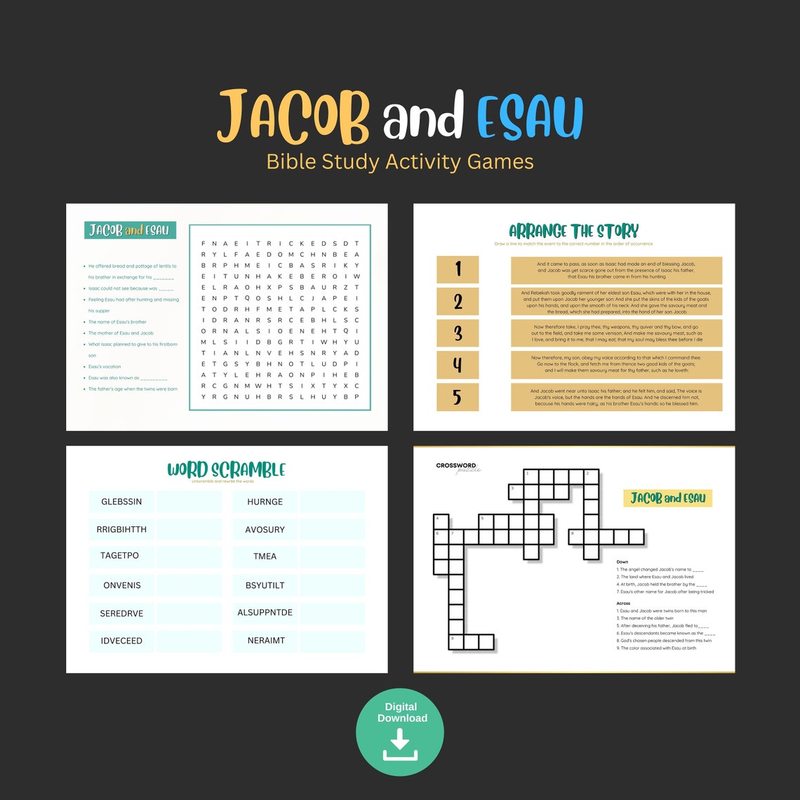 JACOB AND ESAU Christian Teen Kid Crossword Puzzle Wordsearch Children ...