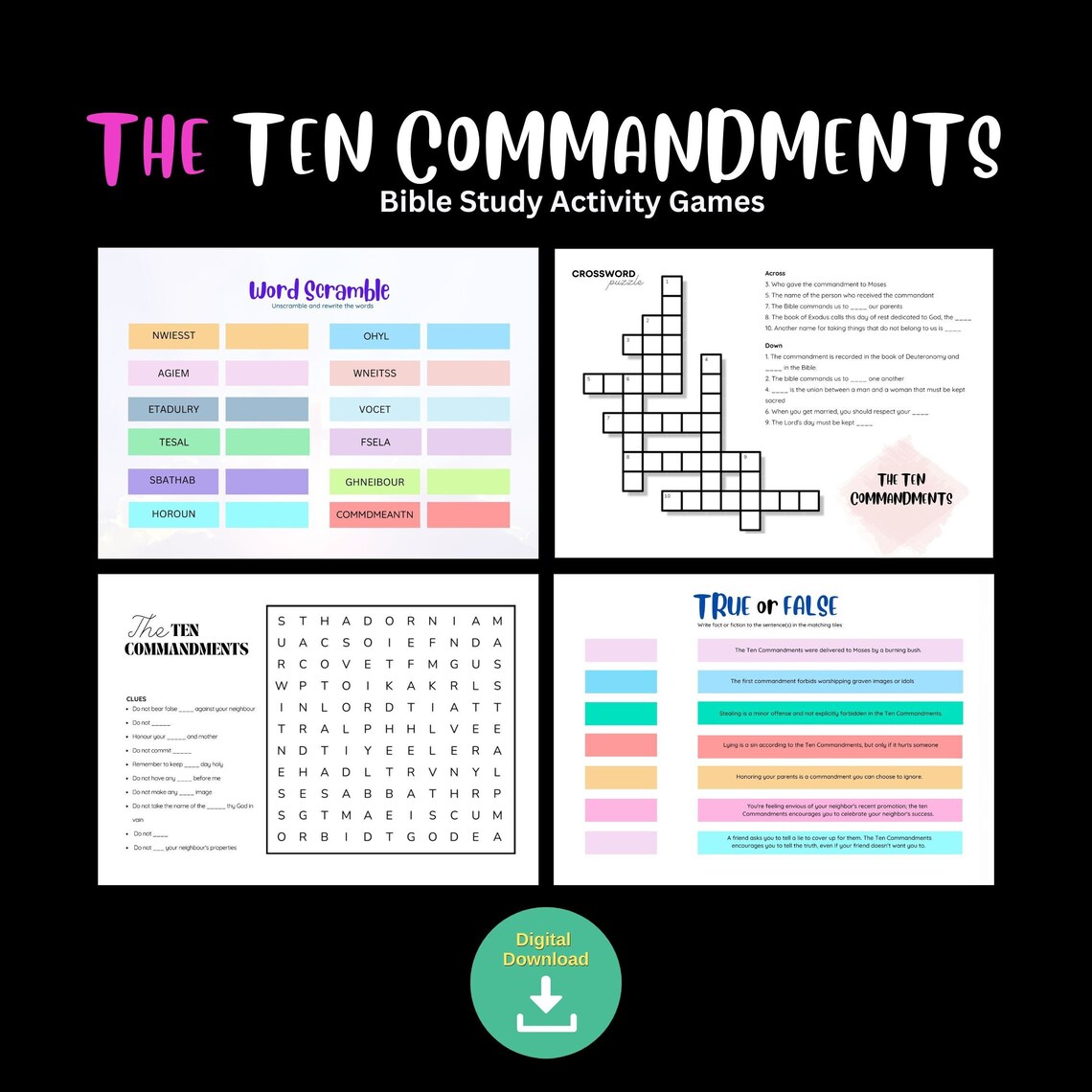 Ten Commandments Christian Bible Study Printable Quiz Game Fun Children ...