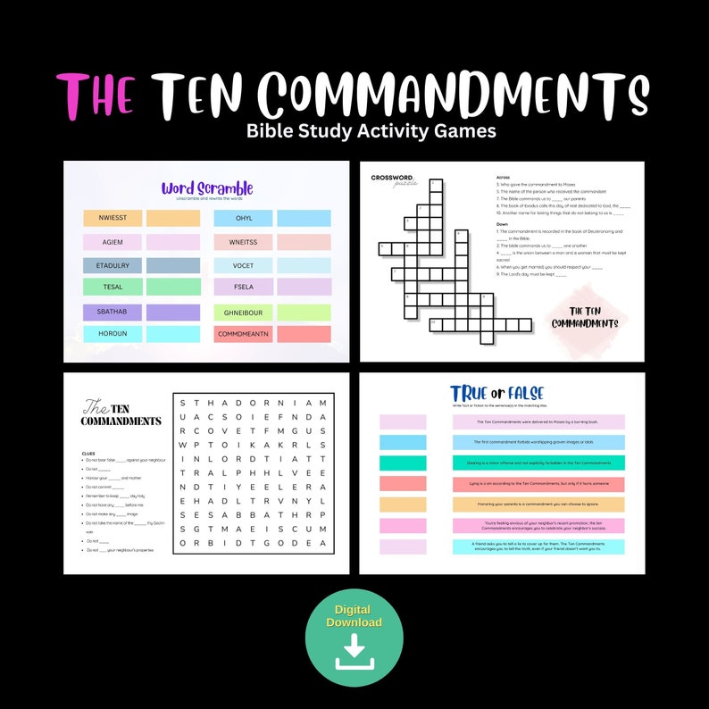 Ten Commandments Christian Bible Study Printable Quiz Game Fun Children ...