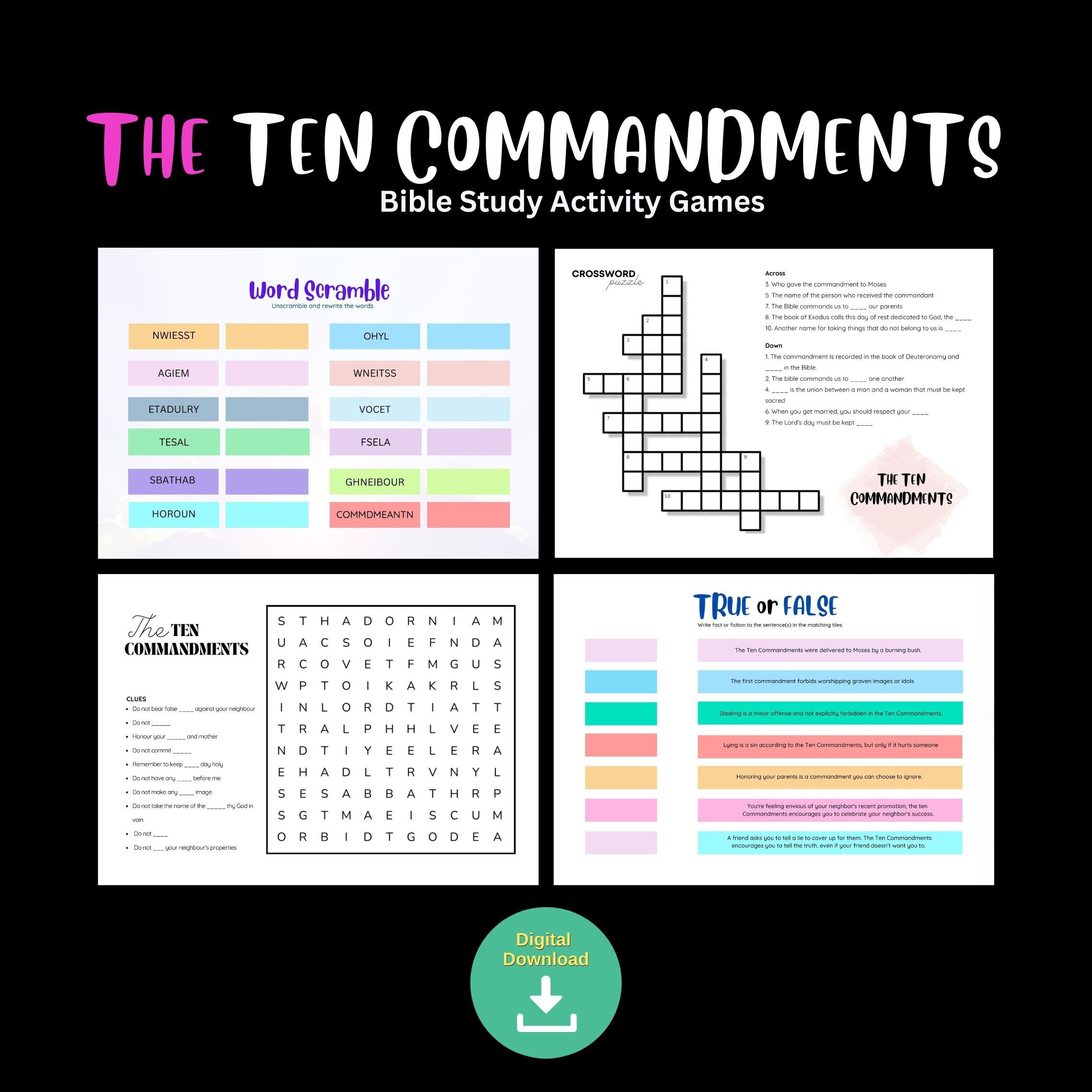 Ten Commandments Christian Bible Study Printable Quiz Game Fun Children ...