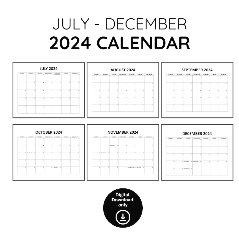 2024 Mid-year Calendar With Holidays, July - December Printable Planner ...