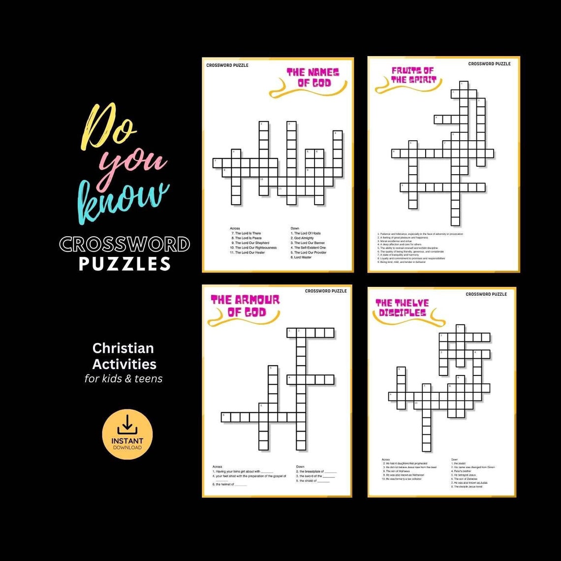 4 Bible Crossword Puzzle, Printable Christian Church Game, Bible Study ...