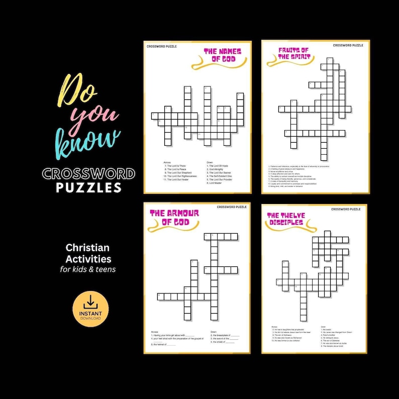 4 Bible Crossword Puzzle, Printable Christian Church Game, Bible Study ...