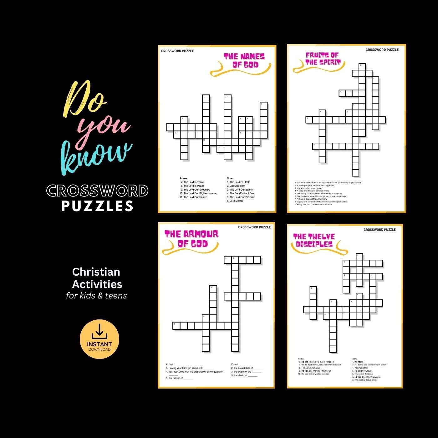 4 Bible Crossword Puzzle, Printable Christian Church Game, Bible Study ...