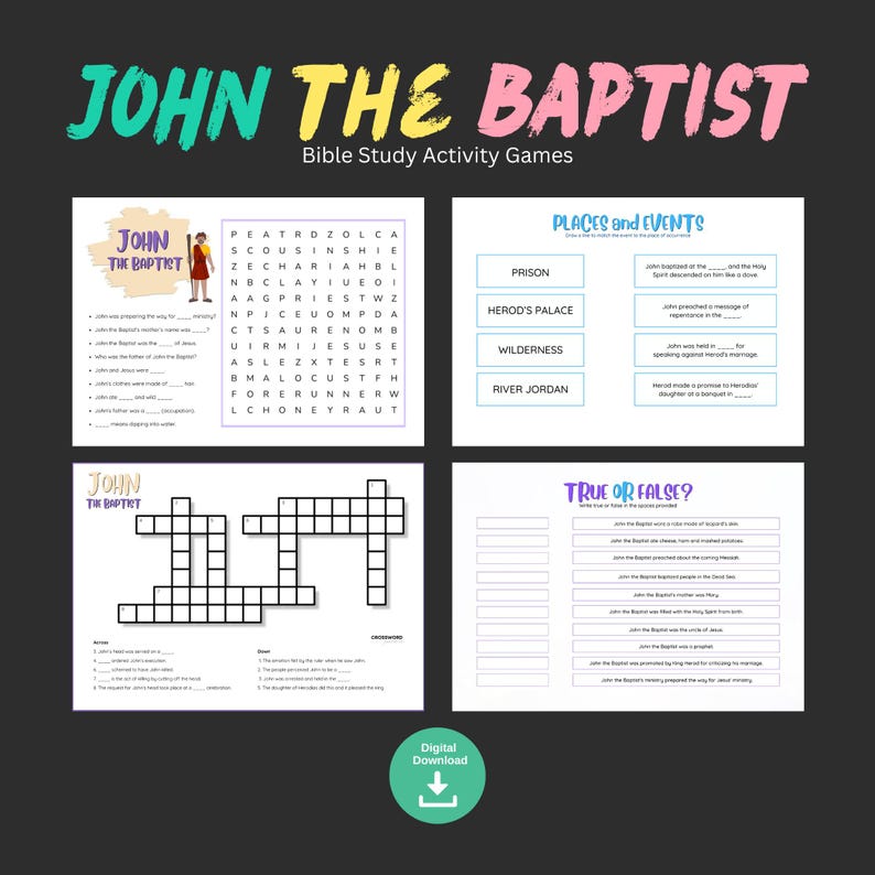 JOHN THE BAPTIST Christian Teen Kid Crossword Puzzle Word Search ...