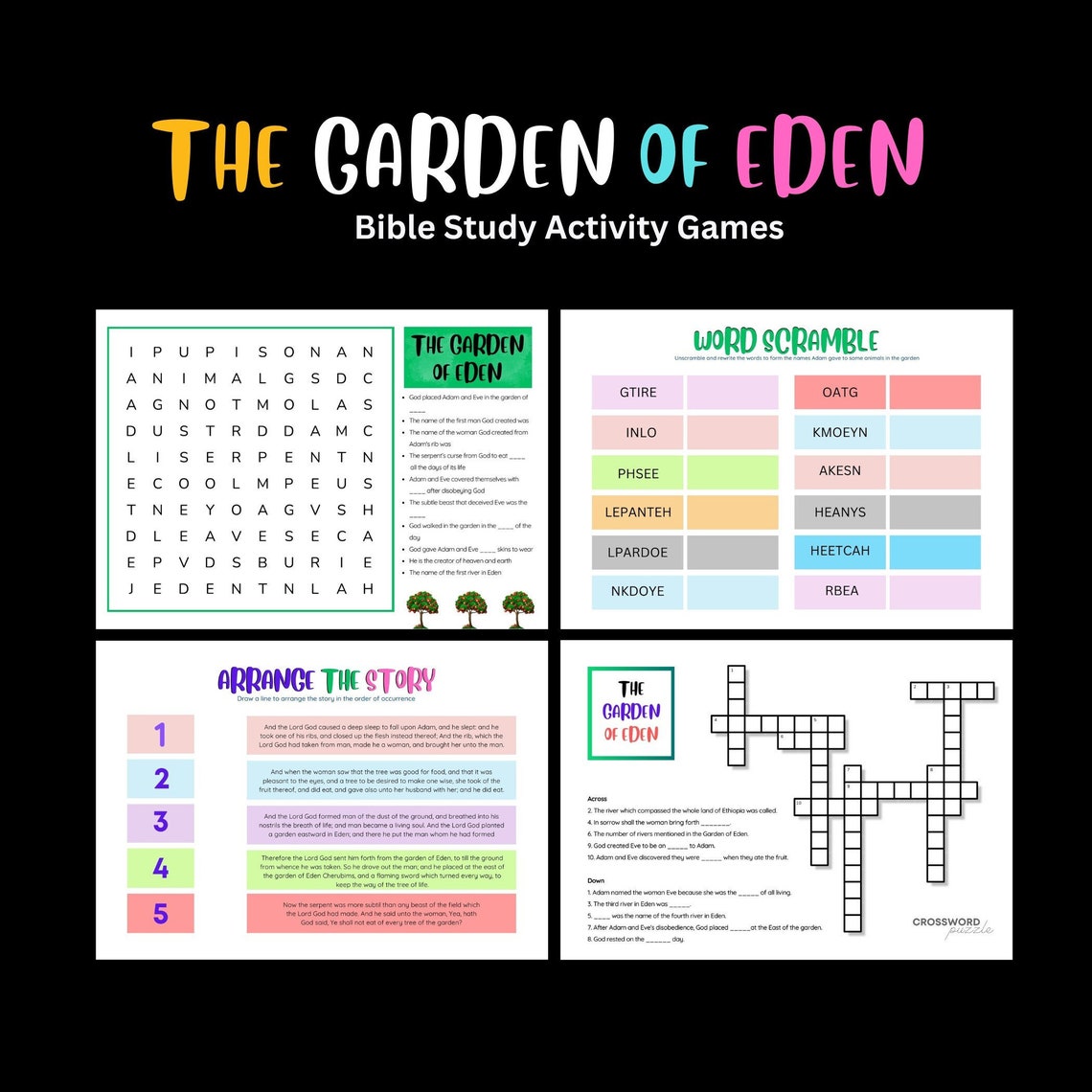 Garden of Eden Printable Christian Teen Kid Crossword Puzzle Word ...