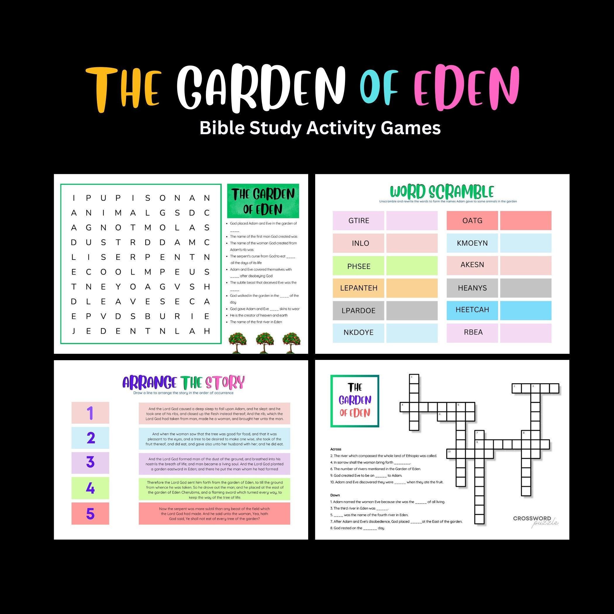 Garden of Eden Printable Christian Teen Kid Crossword Puzzle Word ...