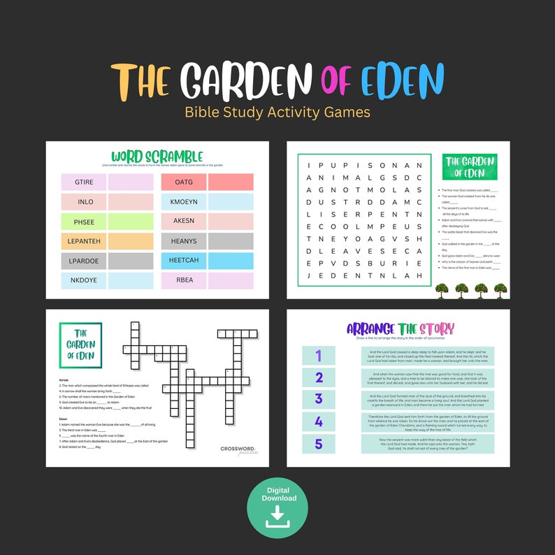 GARDEN OF EDEN Christian Teen Kid Crossword Puzzle Wordsearch Children ...