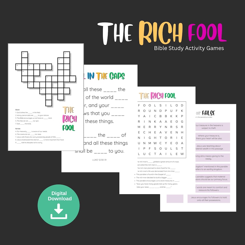 THE RICH FOOL Parable Christian Bible Study Printable Quiz Game, Fun ...