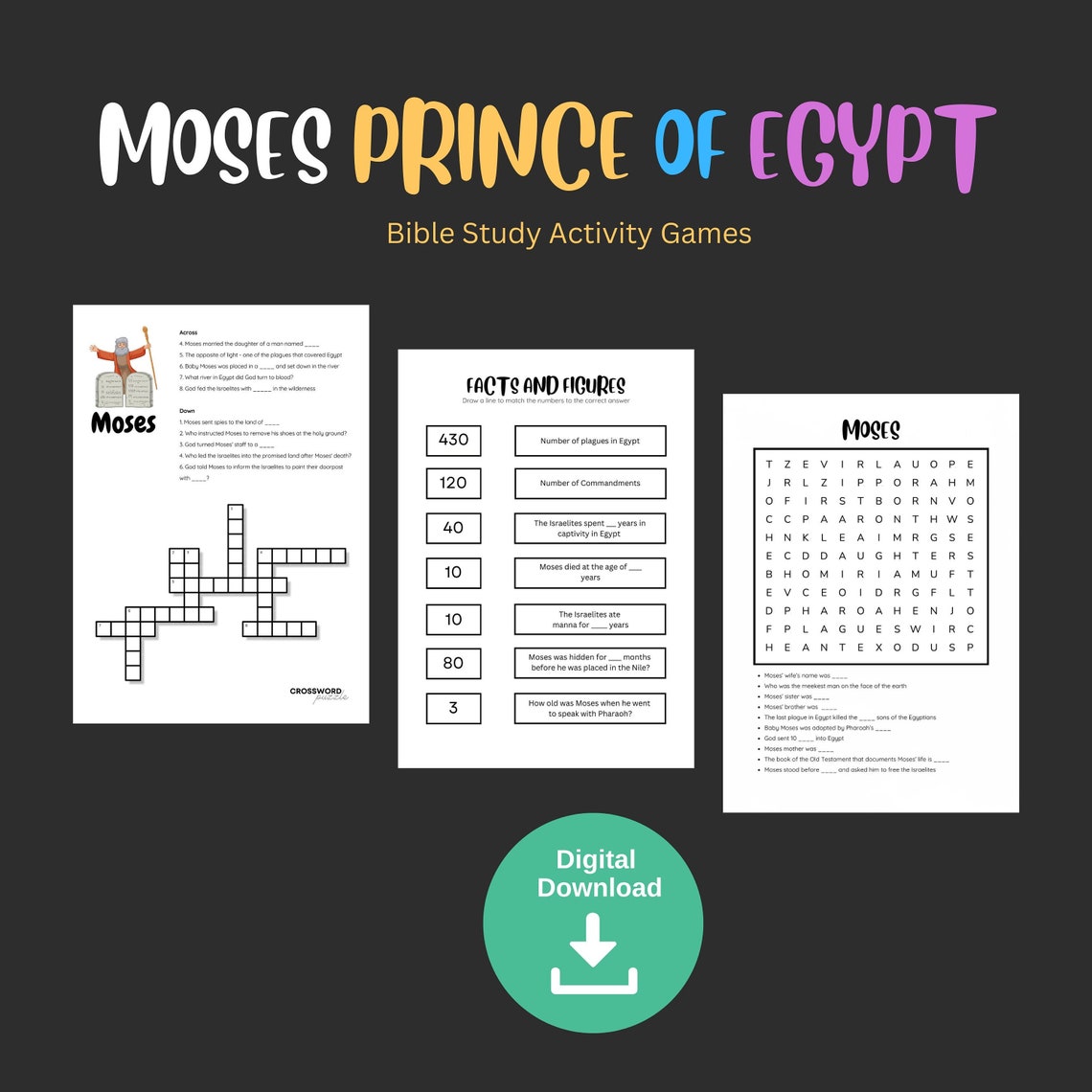 The Story of Moses Christian Teen Kid Crossword Puzzle Word Search ...