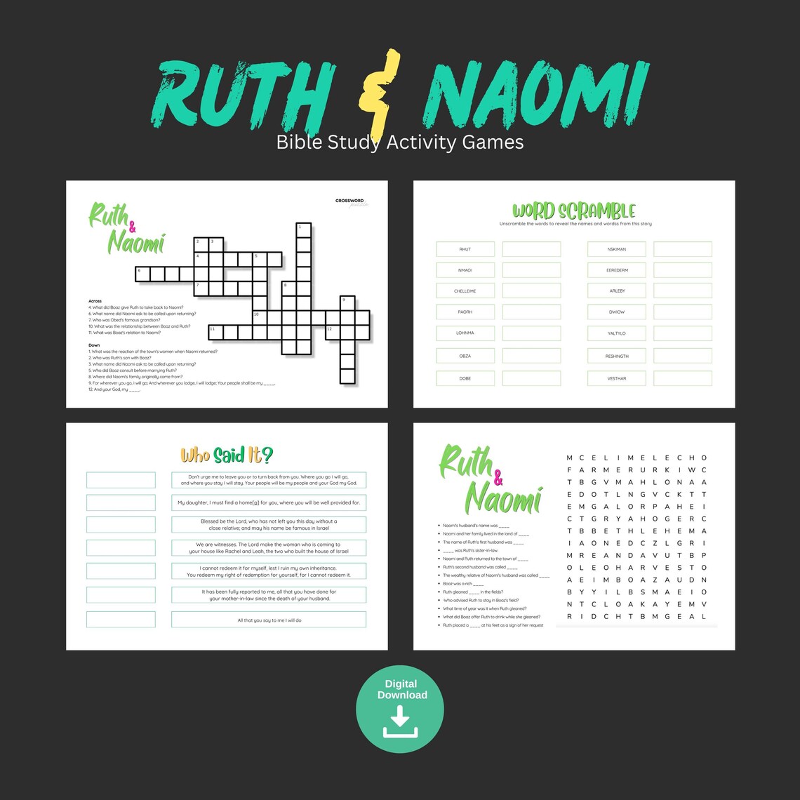 RUTH & NAOMI Printable Christian Teen Kid Crossword Puzzle Word Search ...