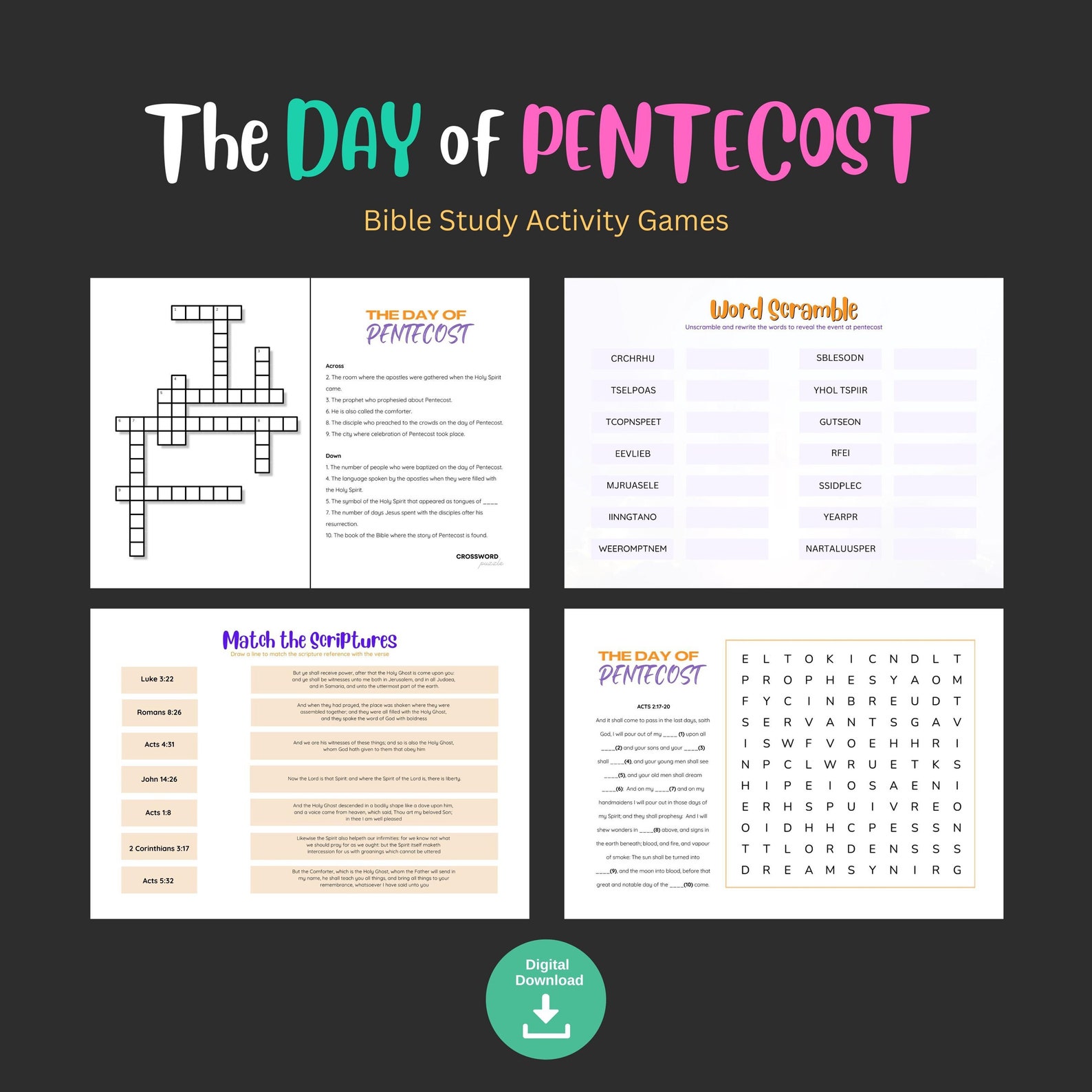 Day of Pentecost Christian Bible Study Printable Quiz Game Fun Children ...