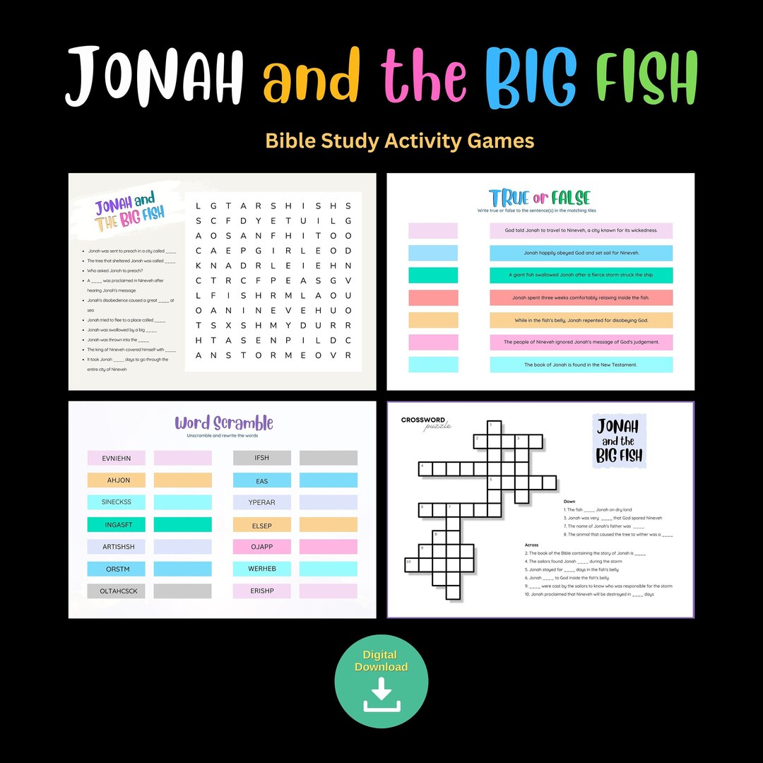 Jonah and the Big Fish Christian Teen Kid Crossword Puzzle Word Search ...