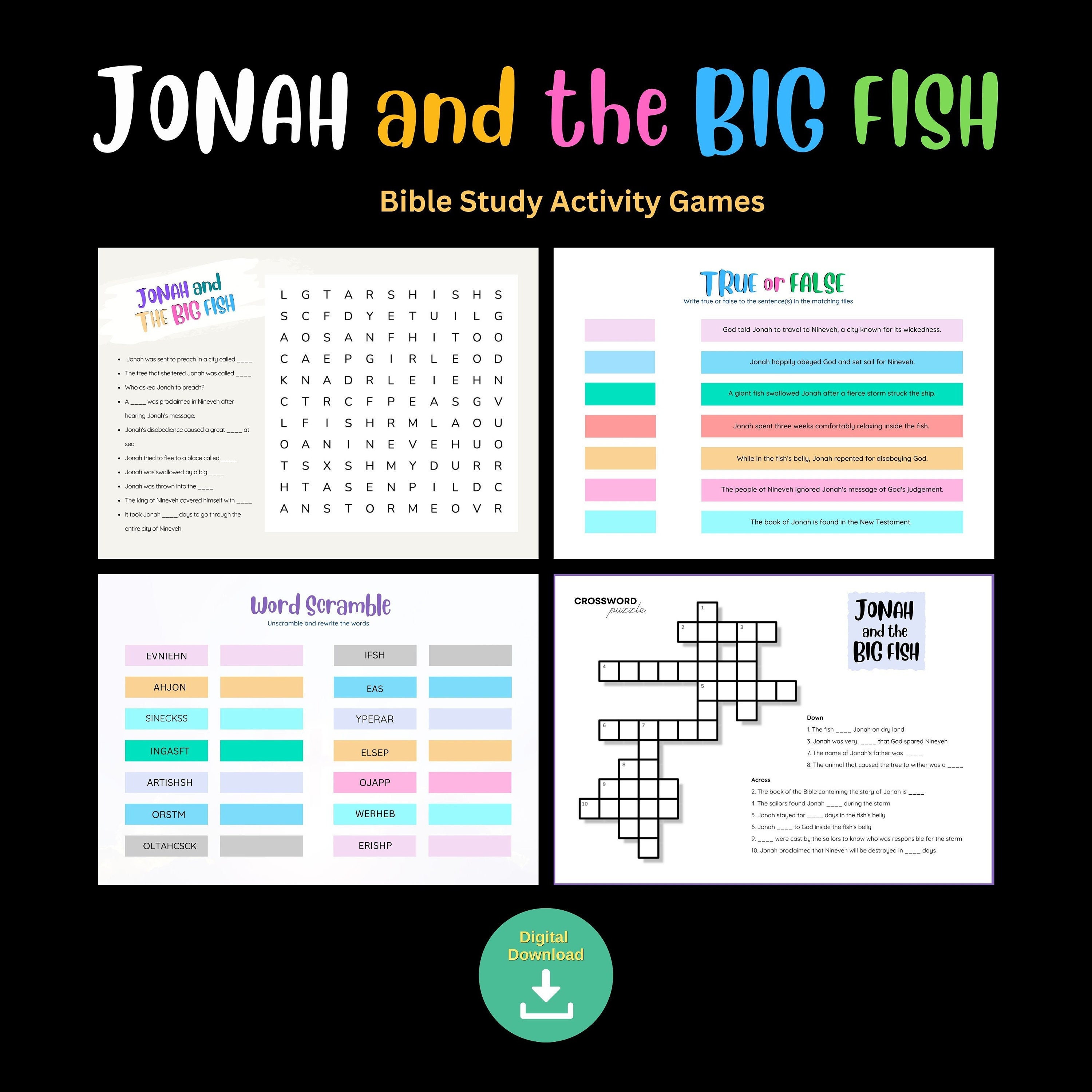 Jonah and the Big Fish Christian Teen Kid Crossword Puzzle Word Search ...