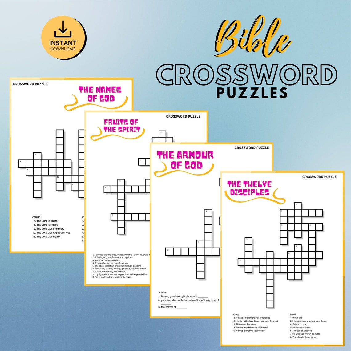 4 Bible Crossword Puzzle, Printable Christian Church Game, Bible Study ...