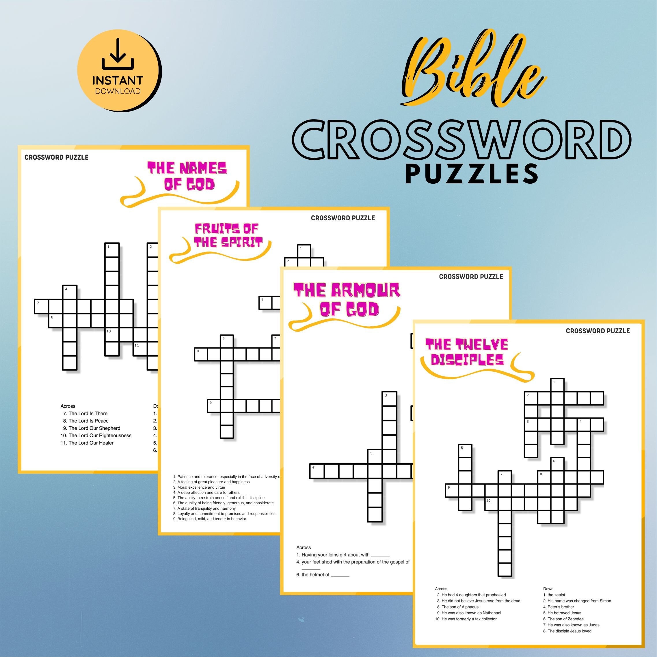 4 Bible Crossword Puzzle, Printable Christian Church Game, Bible Study ...