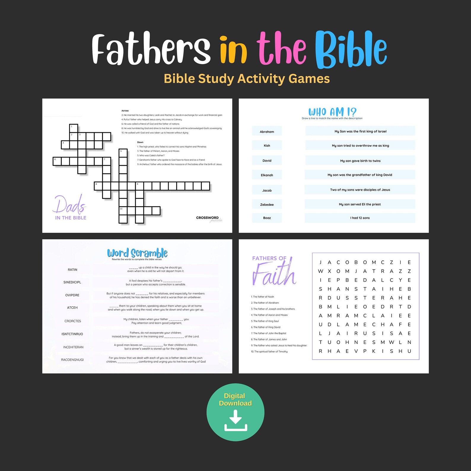 Dads in the Bible Fathers Day Printable Games Crossword Puzzle Word ...