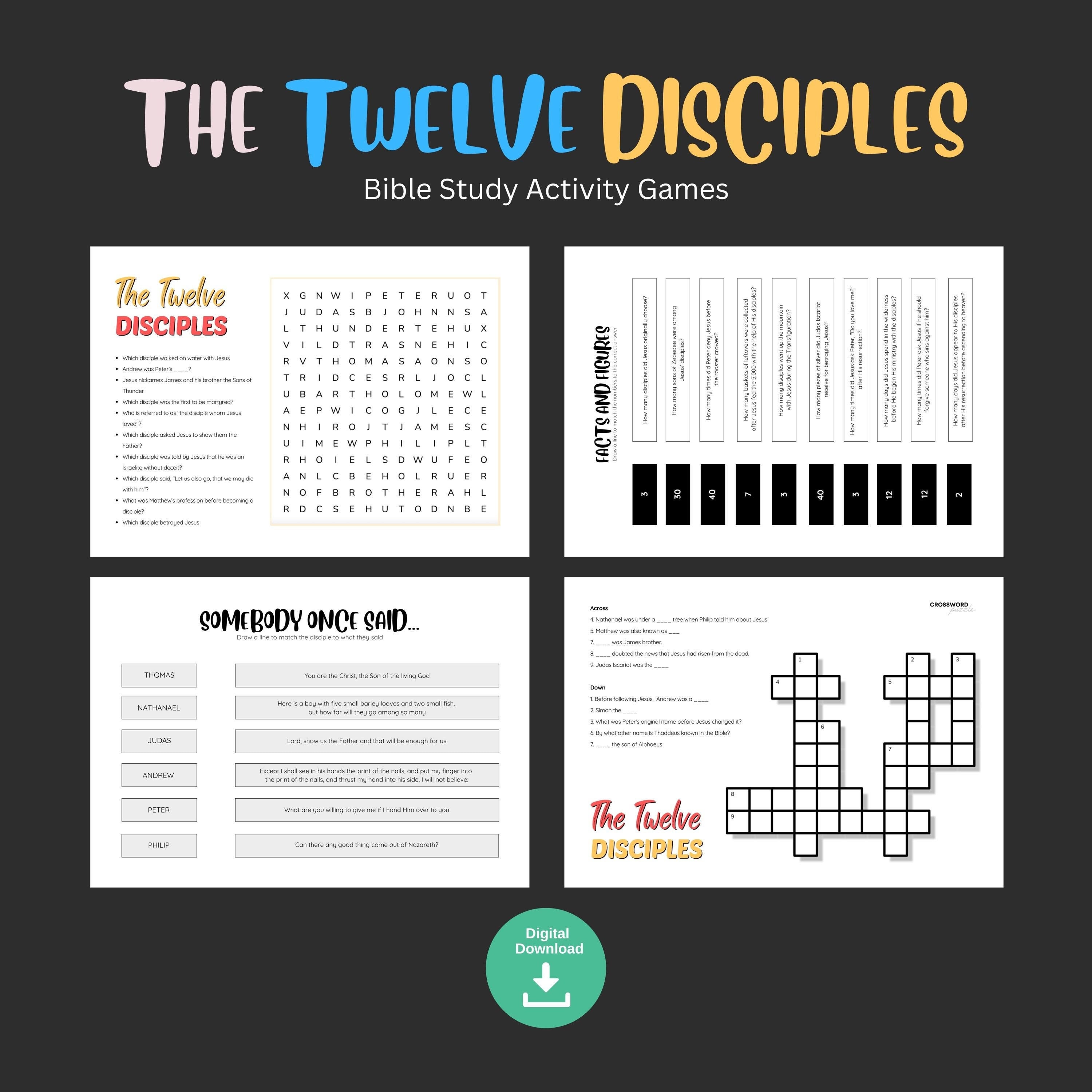 12 DISCIPLES Christian Bible Study Lesson Printable Quiz Game Children ...