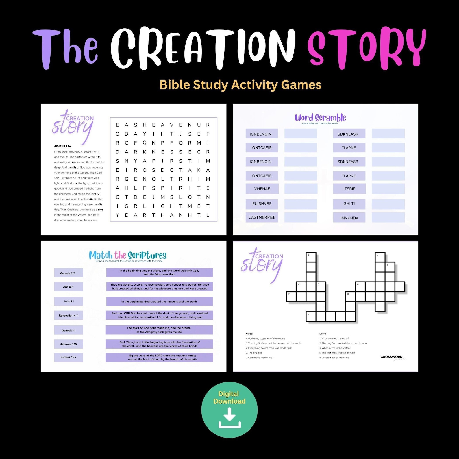 CREATION STORY Printable Christian Teen Kid Crossword Puzzle Word ...