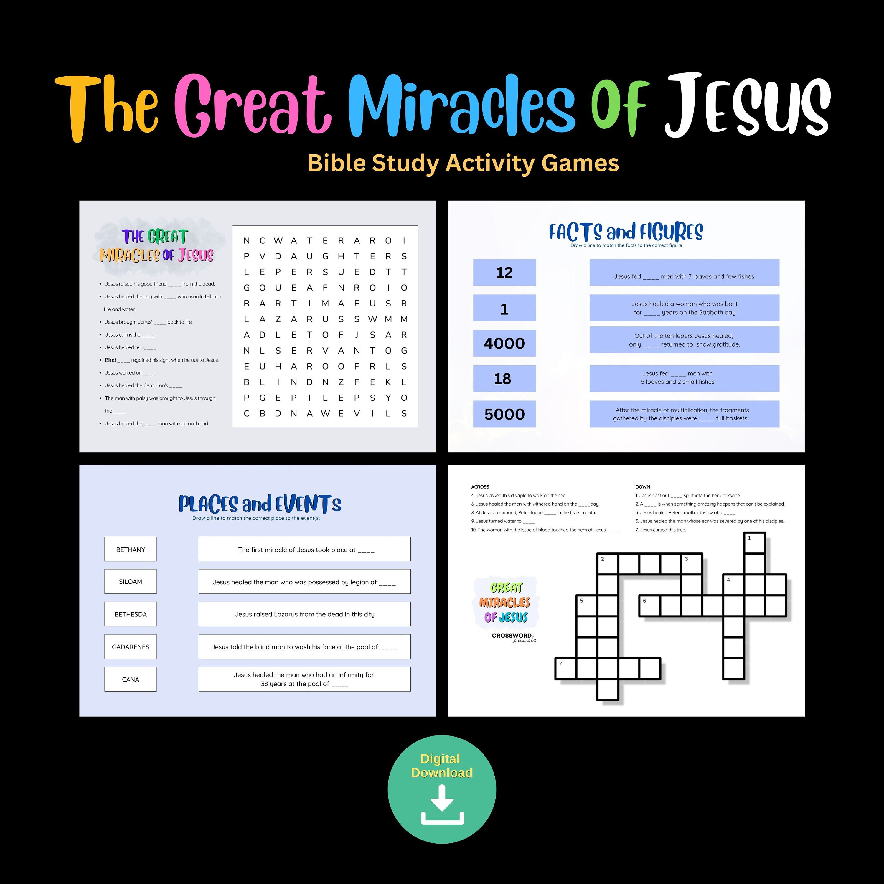 Miracles of Jesus Christian Teen Kid Crossword Puzzle Word Search ...