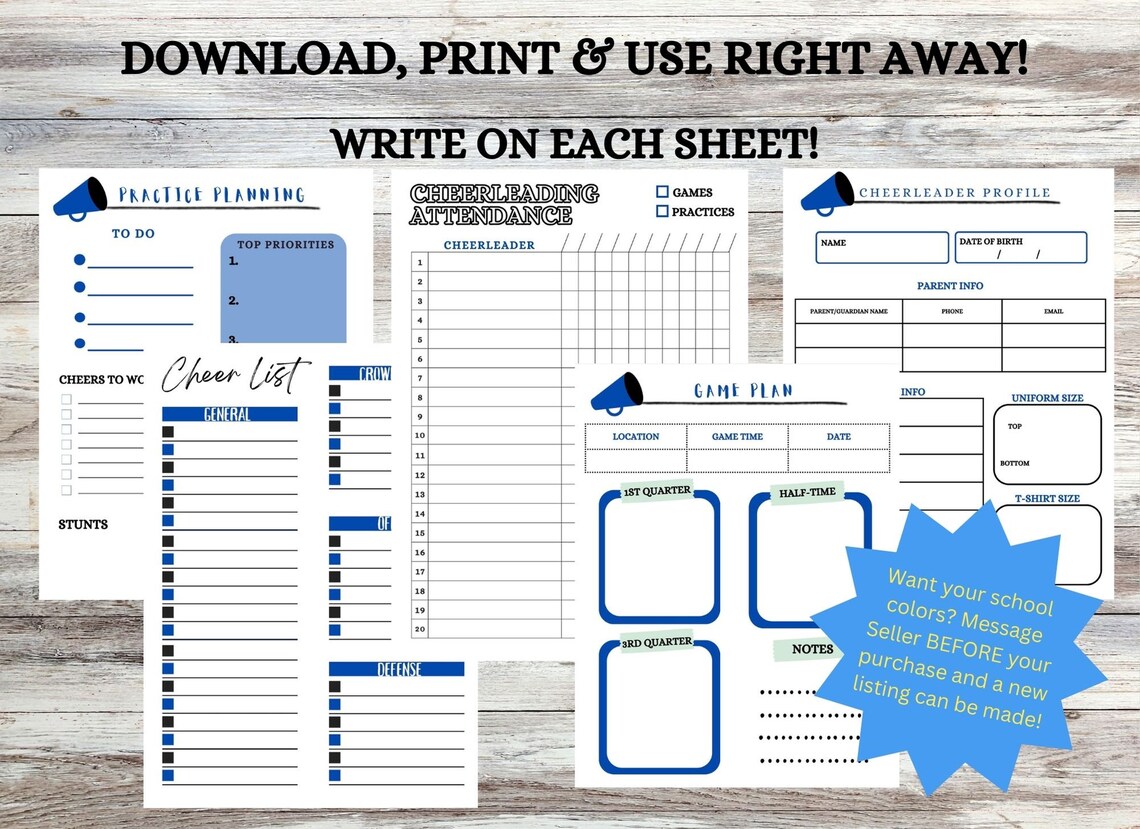 Printable BLUE Cheer Season Planning Sheets, Download Template for ...