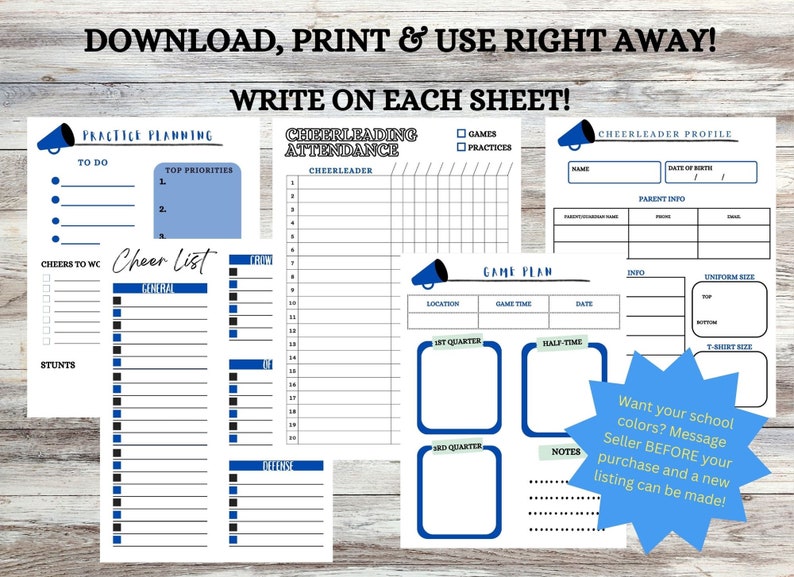 Printable BLUE Cheer Season Planning Sheets, Download Template for ...