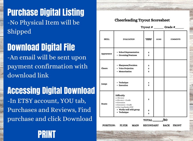 Printable Cheerleading NON-TUMBLE Tryout Scoresheet. Instant Download ...